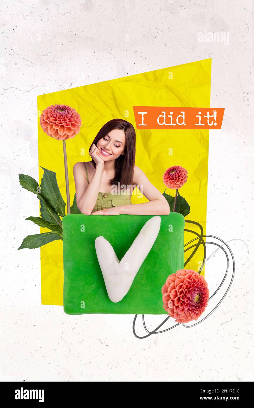 Vertical art photo banner of positive smiling girl green tick success ...