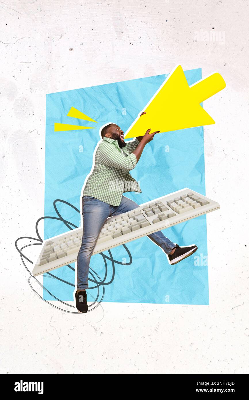 Vertical creative photo artwork collage of young man jumping mechanical ...