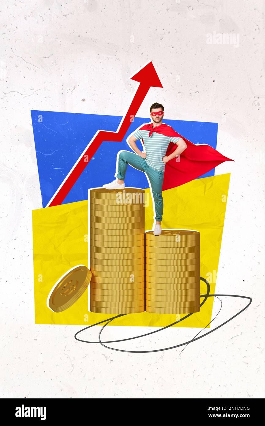 Vertical metaphor artwork collage of confident successful mini superman ...