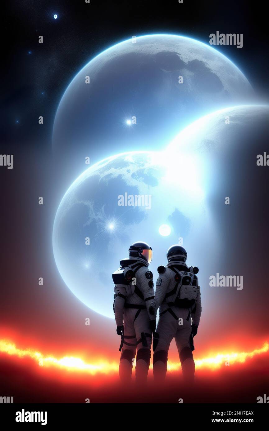 two astronauts explore a planet in outer space with a stellar and cosmic background. AI ...