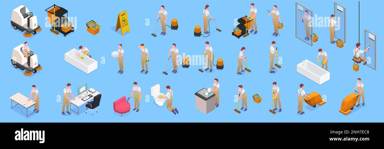Isolated and isometric cleaning icon set with cleaner workers on job on ...