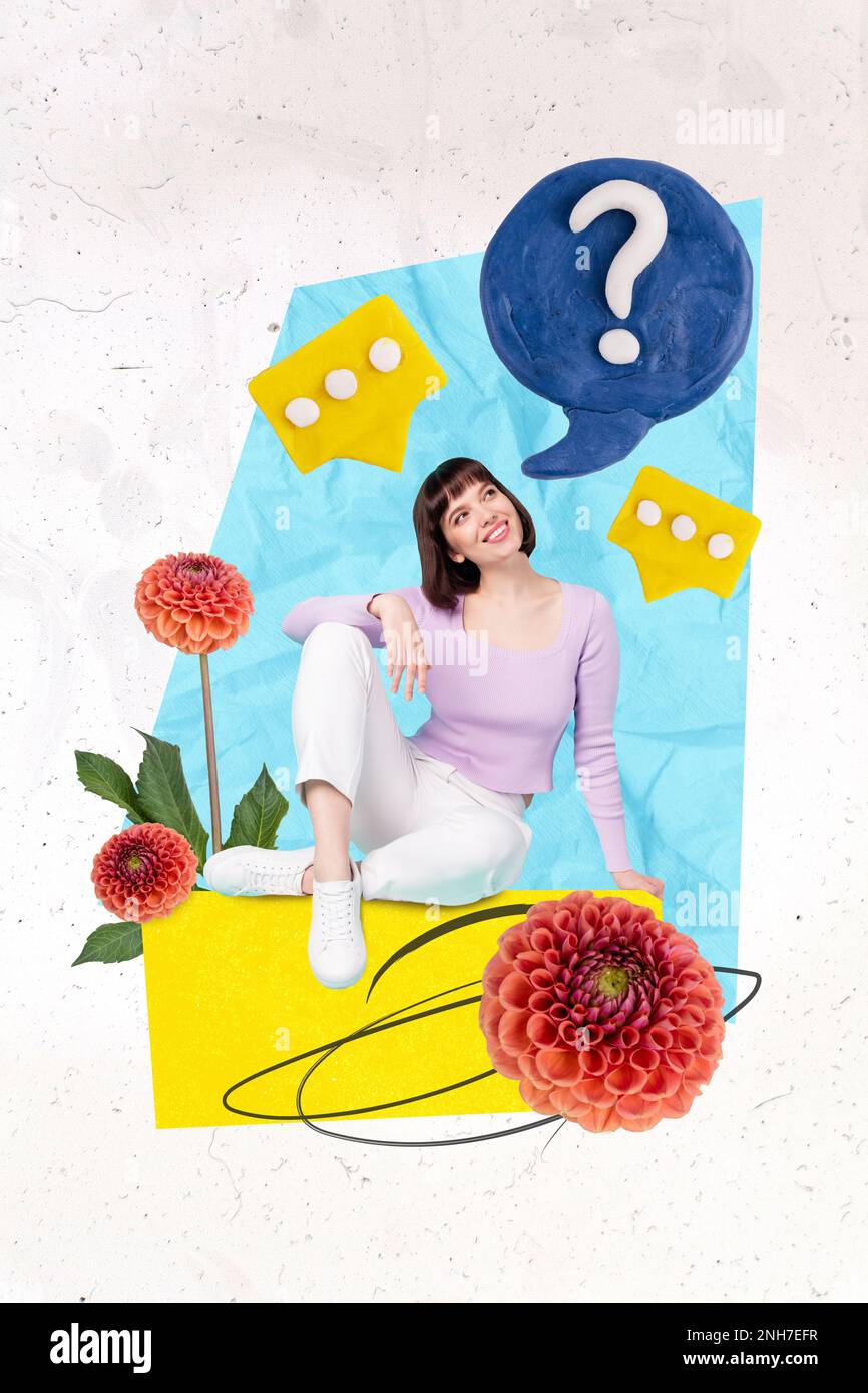 Vertical photo artwork minimal collage of young dreaming girl sitting ...