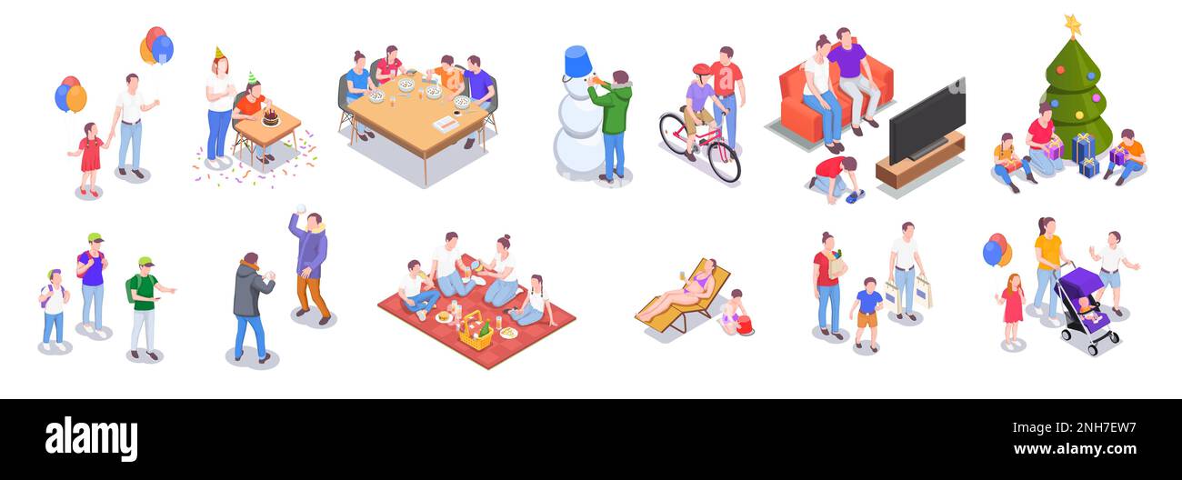 Family holidays isometric collection of isolated objects and human ...