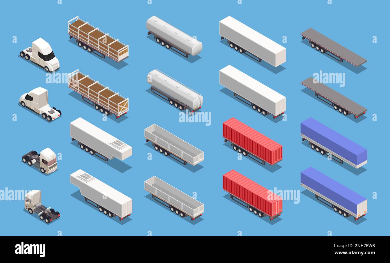 Isometric icons set with colorful cargo trailers and trucks isolated on ...