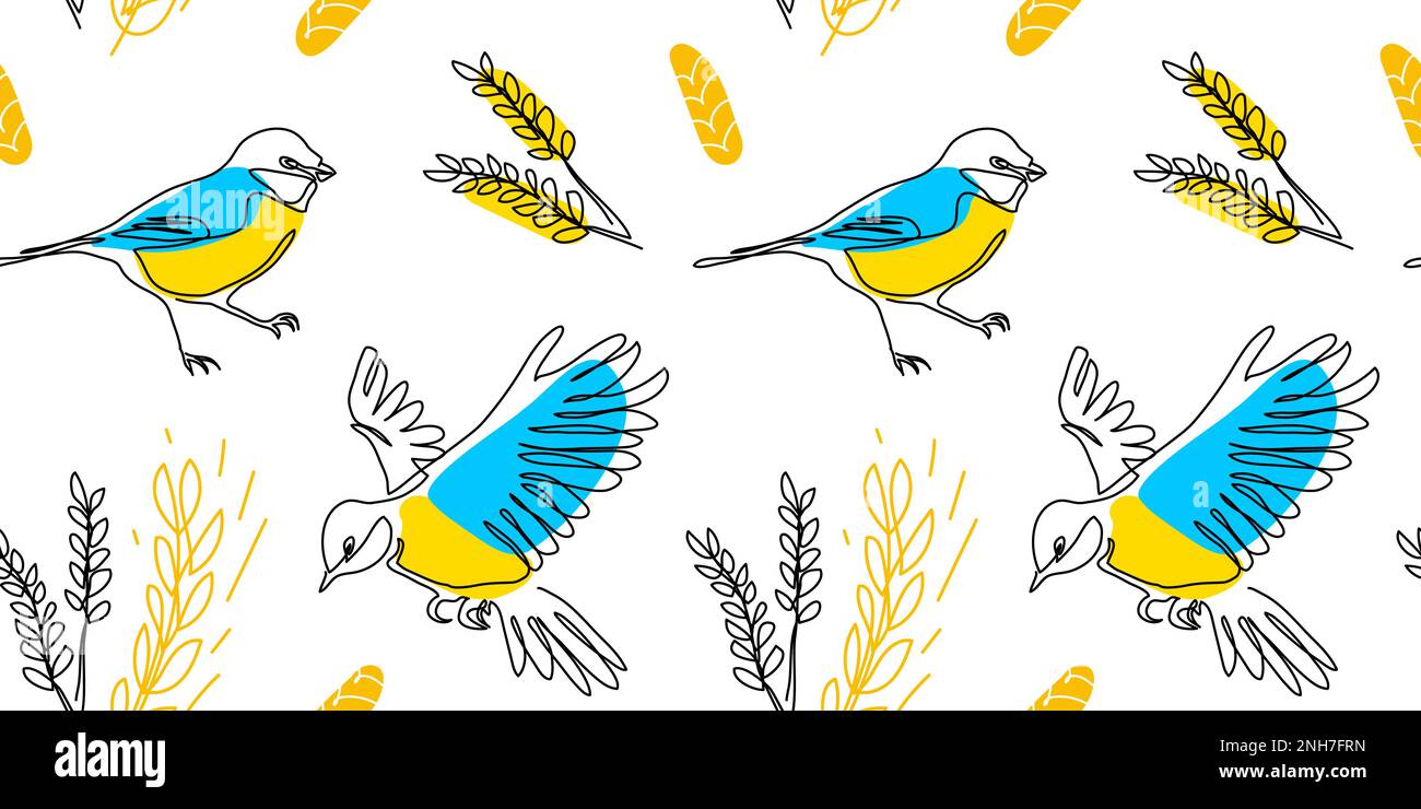 Great tit bird seamless vector pattern in blue and yellow colors with ...
