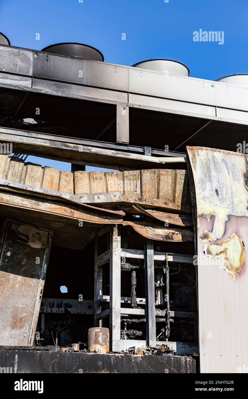 Damaged supermarket boiler room with ventilation, turbine, after arson ...