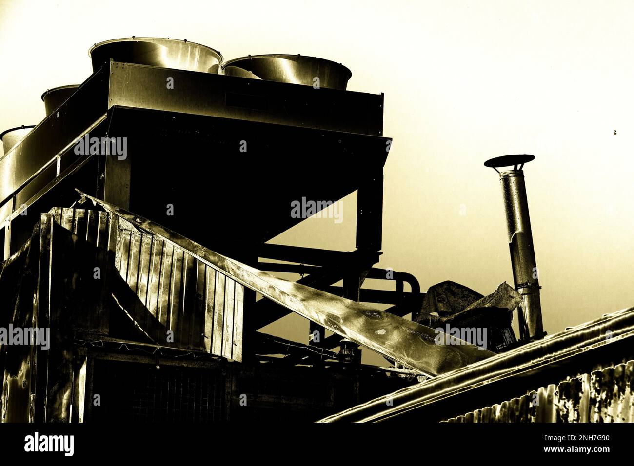 Damaged supermarket boiler room with ventilation, turbine, after arson ...