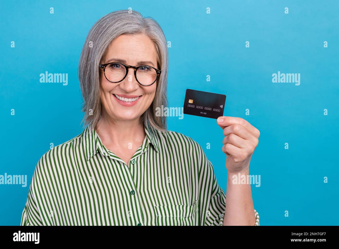 Photo of sweet shiny mature woman banker wear green shirt spectacles ...