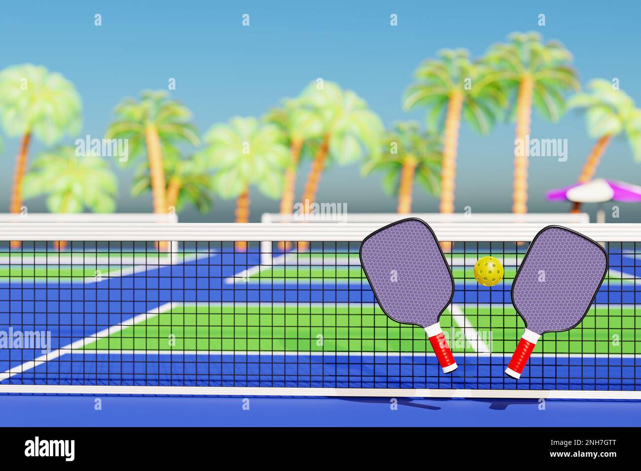 Pickleball two racket ball on the background of the grid court. Summer ...