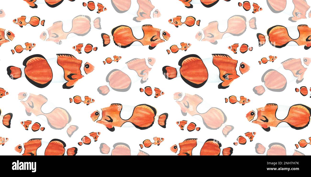 Tropical reef clown fish colorful watercolor seamless pattern Stock ...