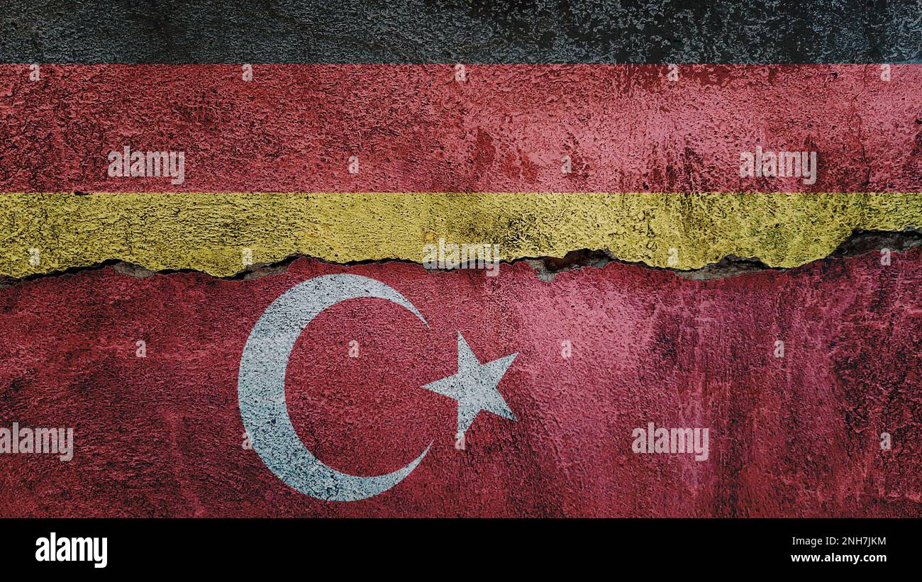 Germany and Turkey flag on cracked wall background. Economics, politics ...