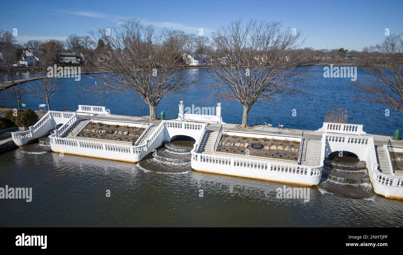 View from above Argyle Lake park looking at waterfalls with the lake in ...