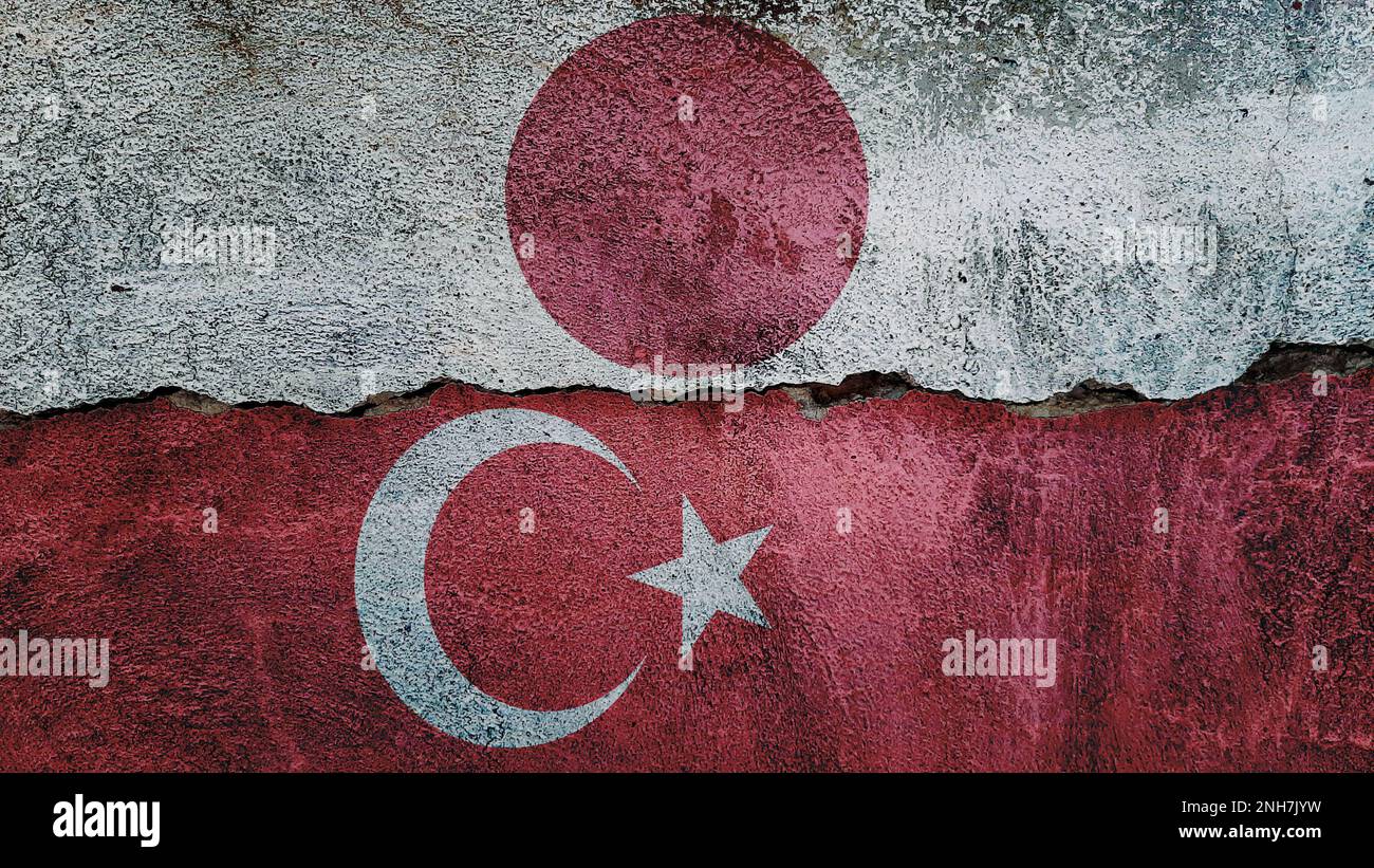 Japan and Turkey flag on cracked wall background. Economics, politics ...