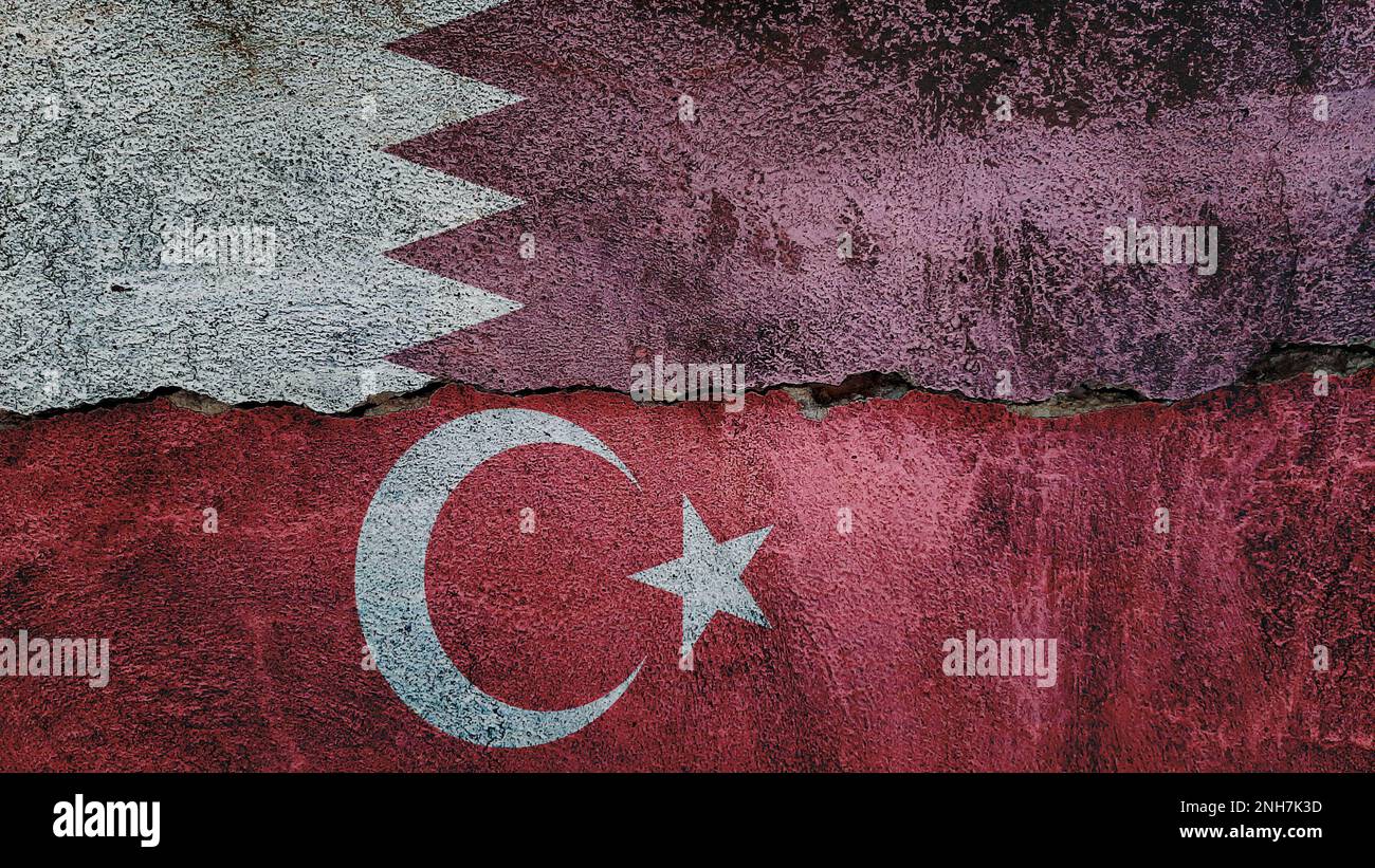 Qatar and Turkey flag on cracked wall background. Economics, politics ...