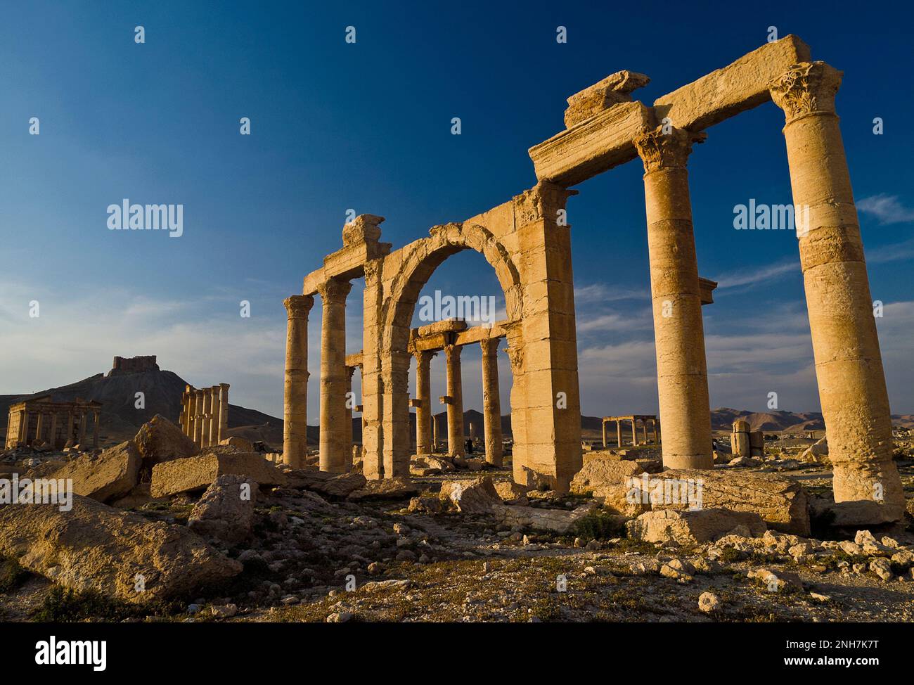 Ancient columns and stone arches at Palmyra ancient city ruins, Homs Governorate, Syria Stock ...
