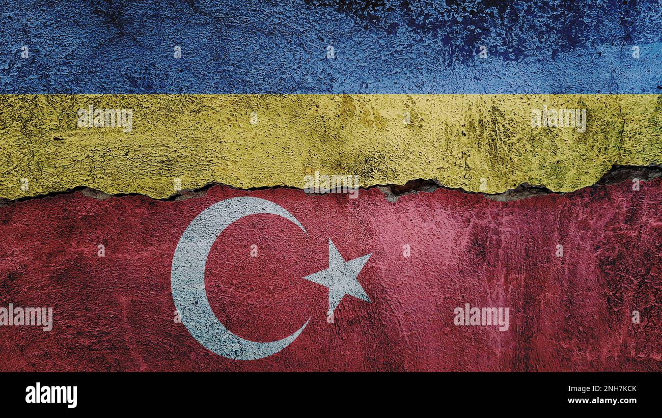 Ukraine and Turkey flag on cracked wall background. Economics, politics ...