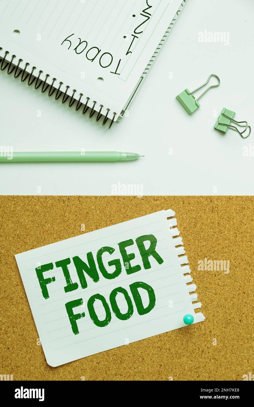 Inspiration showing sign Finger Food. Word Written on products and ...