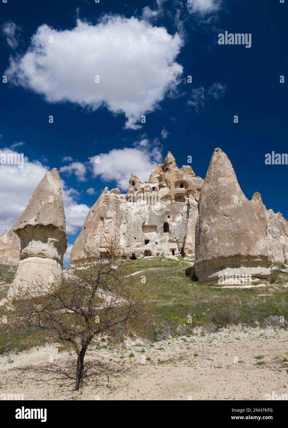 Limestone rock formations along the valleys in Goreme, Cappadocia ...
