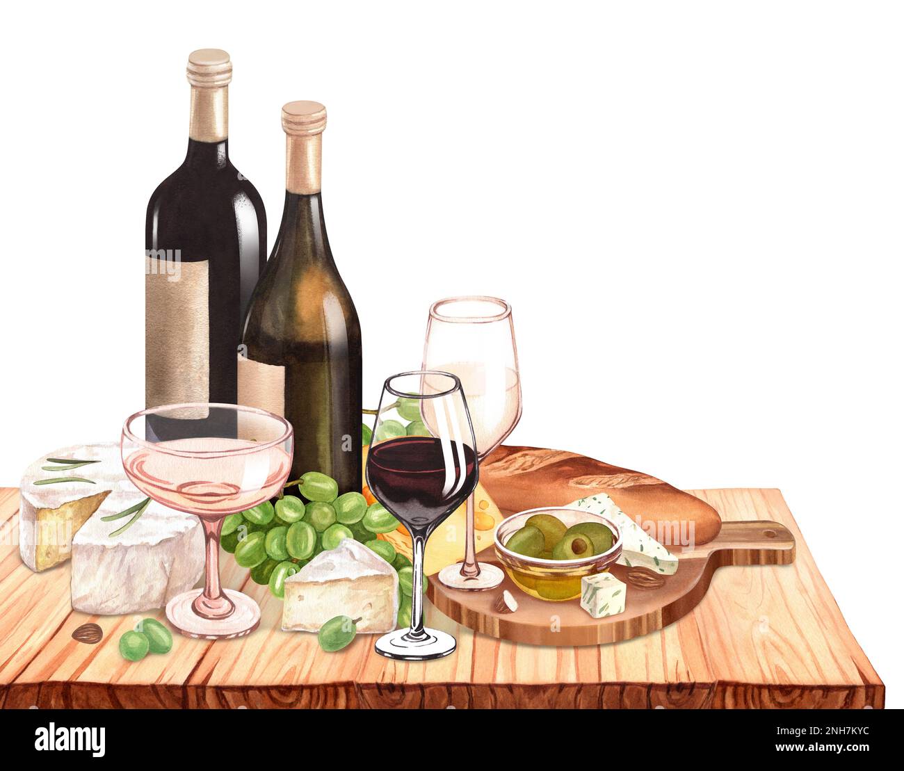 Watercolor white wine bottle, fresh ripe grapes, cheese on the wood ...