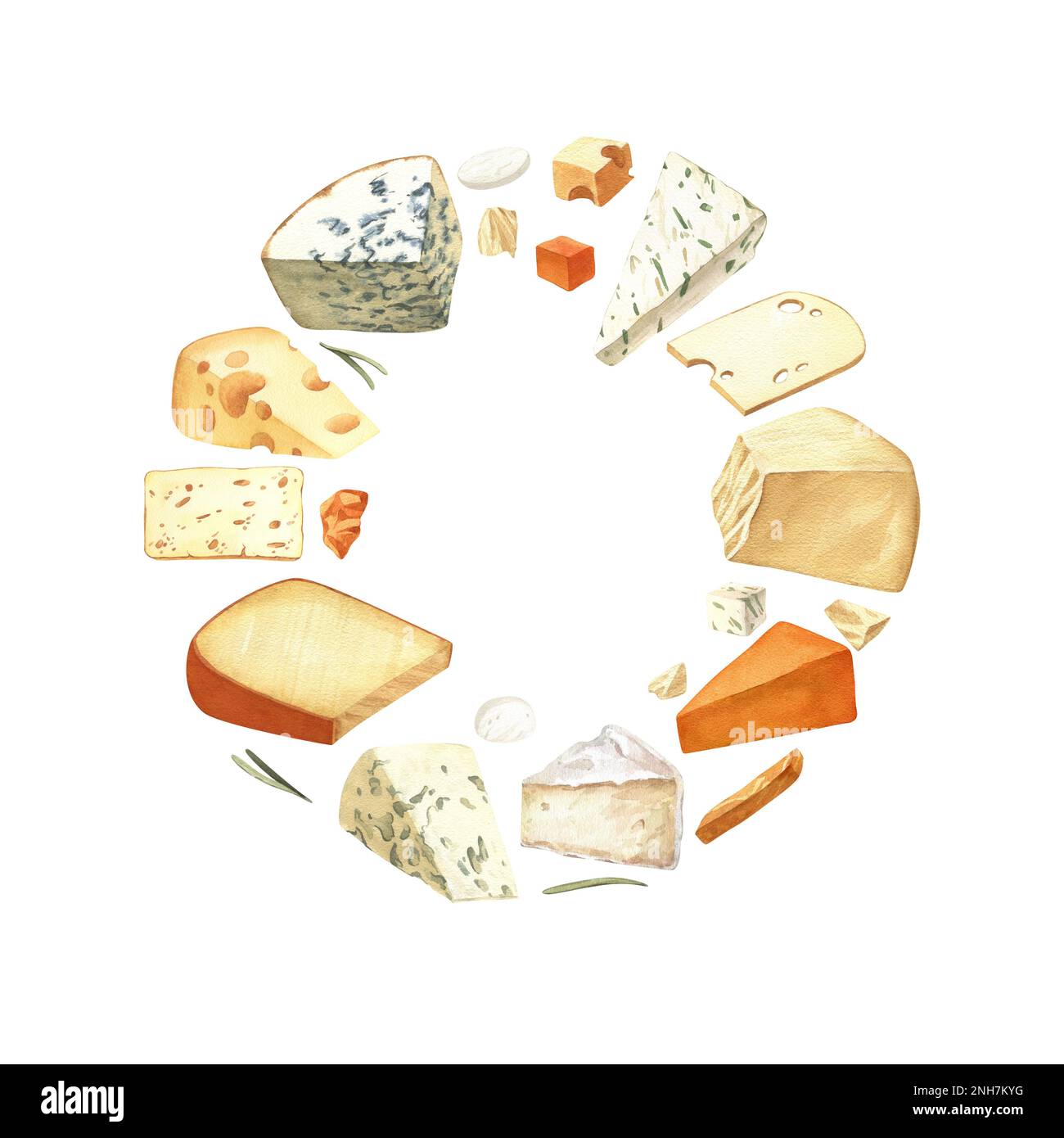 Watercolor different cheese round frame template. Hand draw circle card ...