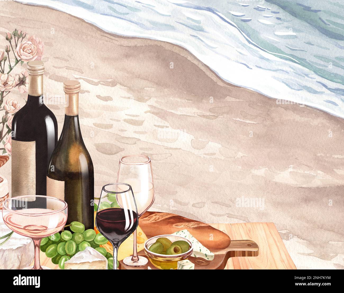 Watercolor white wine bottle, fresh ripe grapes, cheese on the wood ...