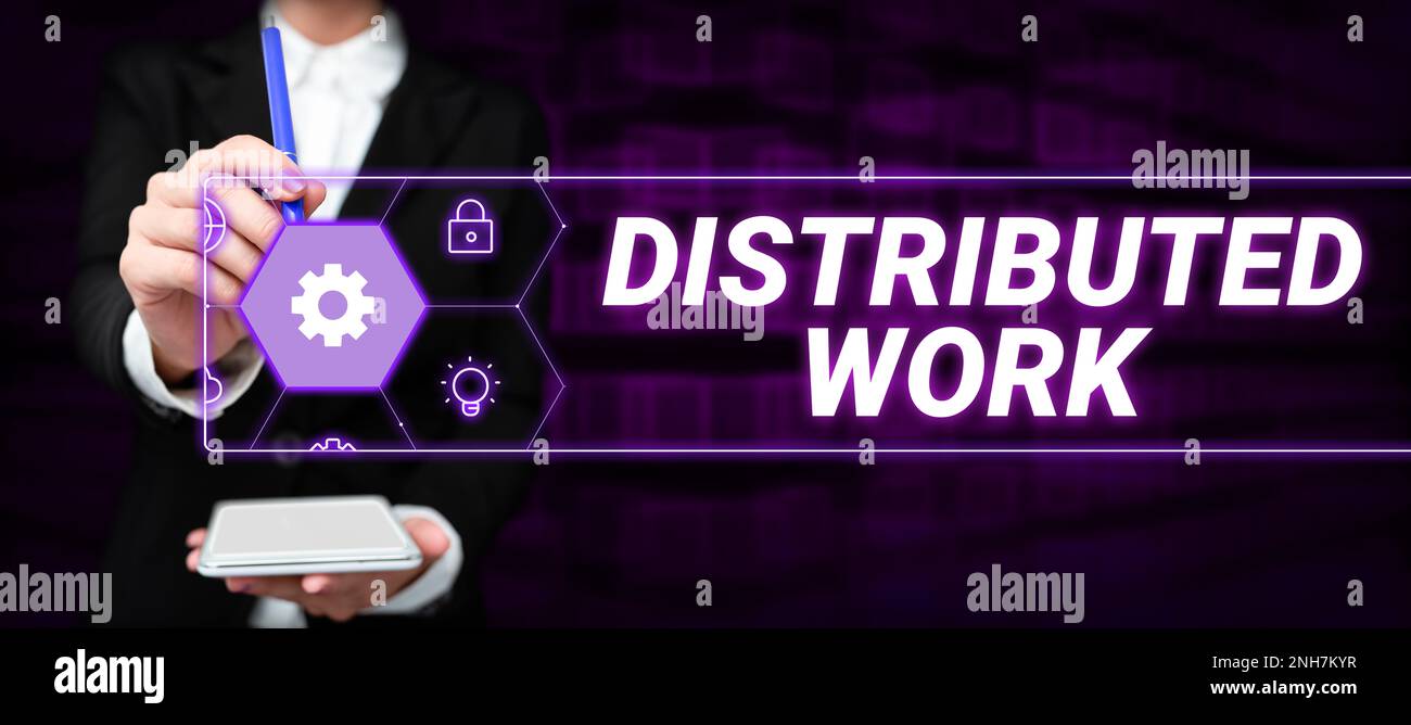 Sign displaying Distributed Work. Word for practiced by enterprises using network facilities ...