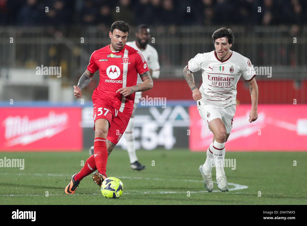 Andrea Petagna of Monza (L) and Sandro Tonali of Milan (R) in action ...