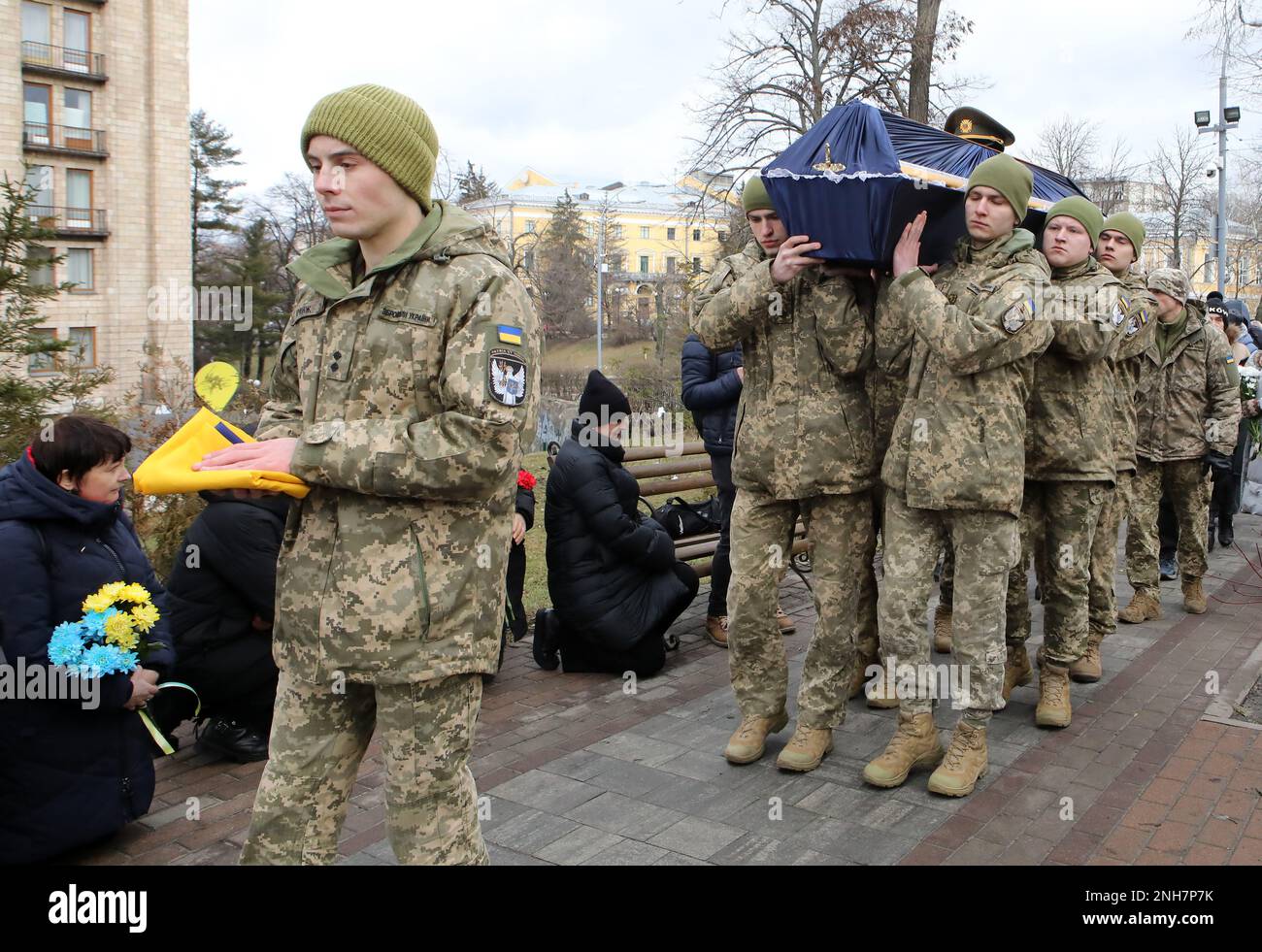 KYIV, UKRAINE - FEBRUARY 21, 2023 - A funeral procession moves towards ...