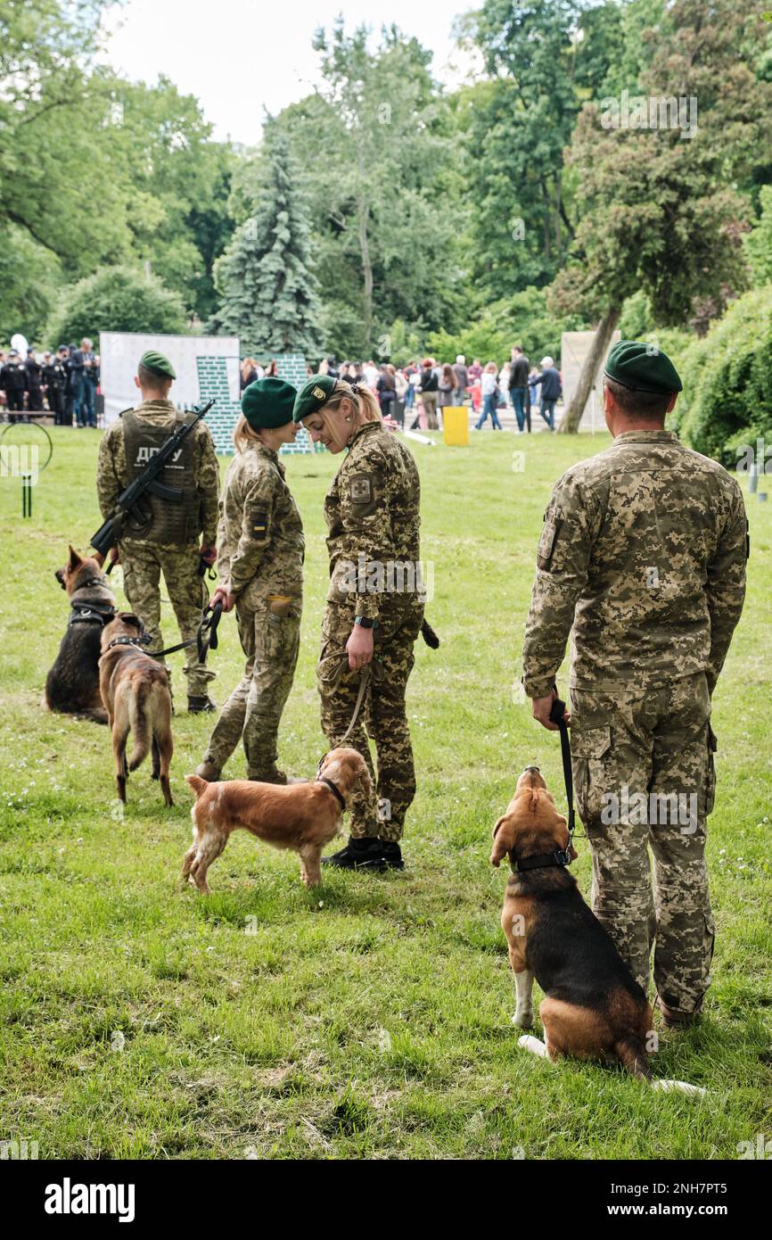 Ukrainian border guards with service dogs. Training of working dog ...