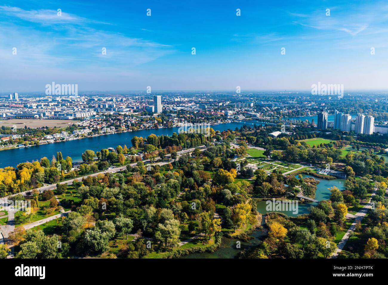 High view of the city of Vienna next to the danube river in Vienna ...