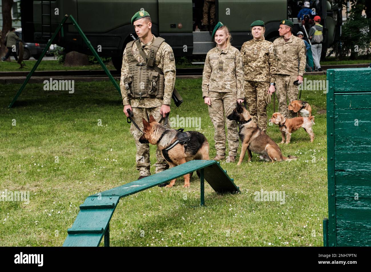 Ukrainian border guards with service dogs. Training of working dog ...
