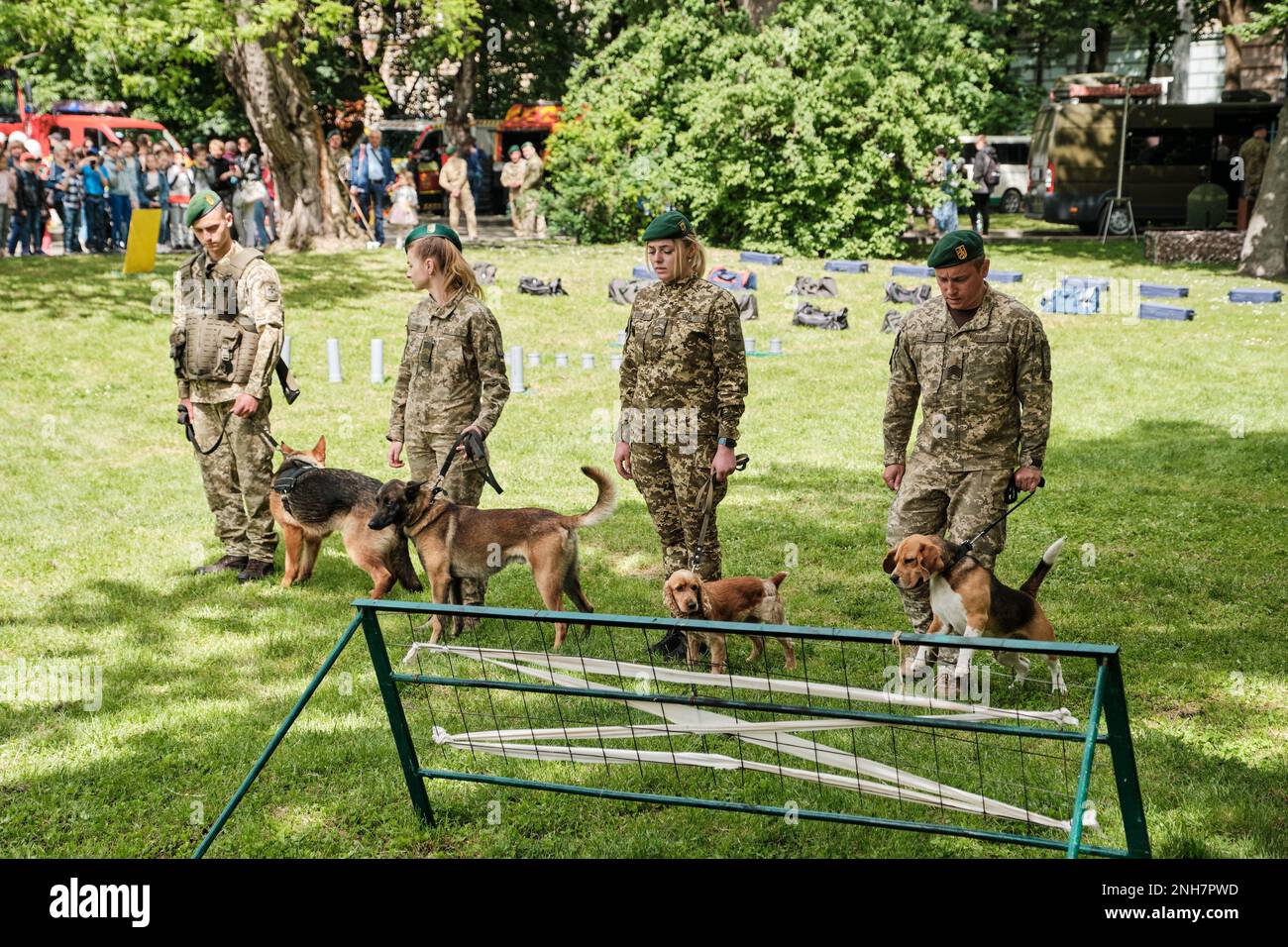 Ukrainian border guards with service dogs. Training of working dog ...