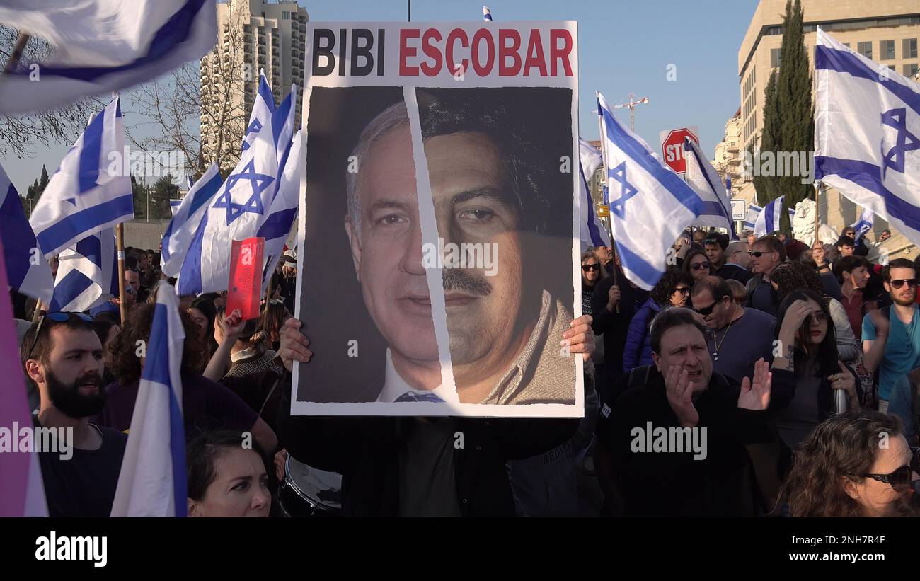 JERUSALEM, ISRAEL - FEBRUARY 20: Anti-government protestors hold ...