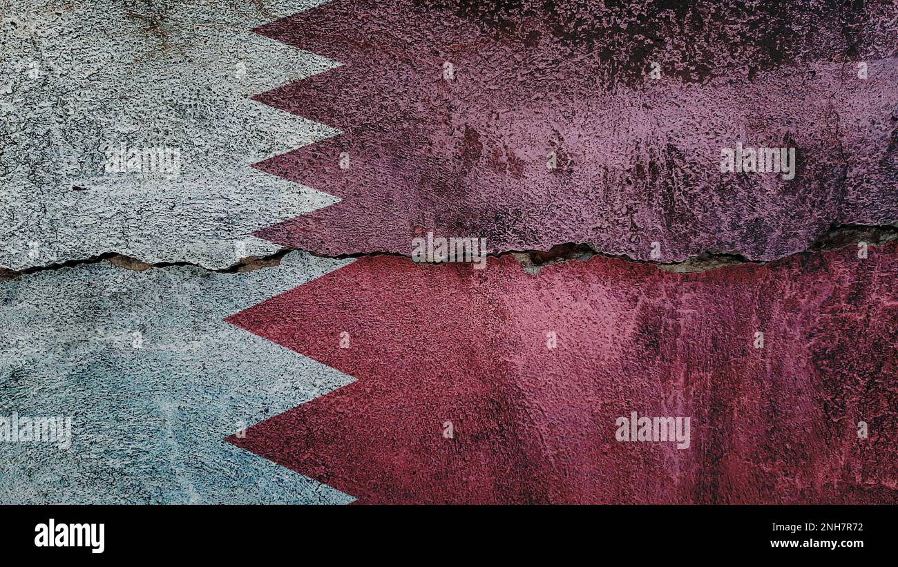 Qatar and Bahrain flag on cracked wall background. Economics, politics ...