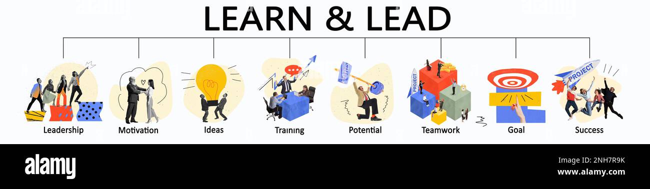 Learn and Lead concept in art collage. Goals, leadership, training ...