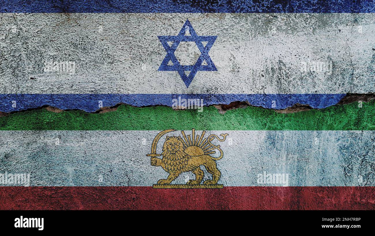 Israel and Iran flag on cracked wall background. Economics, politics ...