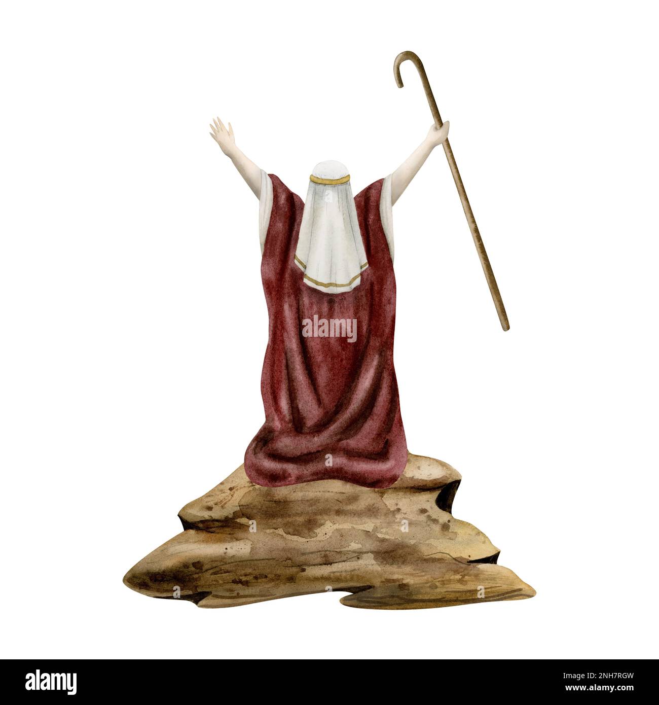 Watercolor Moses standing with raised hands on rock separating Red sea ...