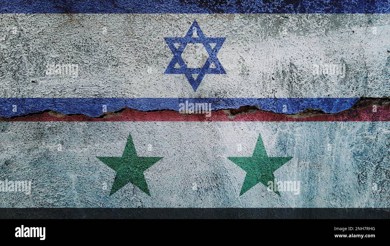 Israel and Syria flag on cracked wall background. Economics, politics ...