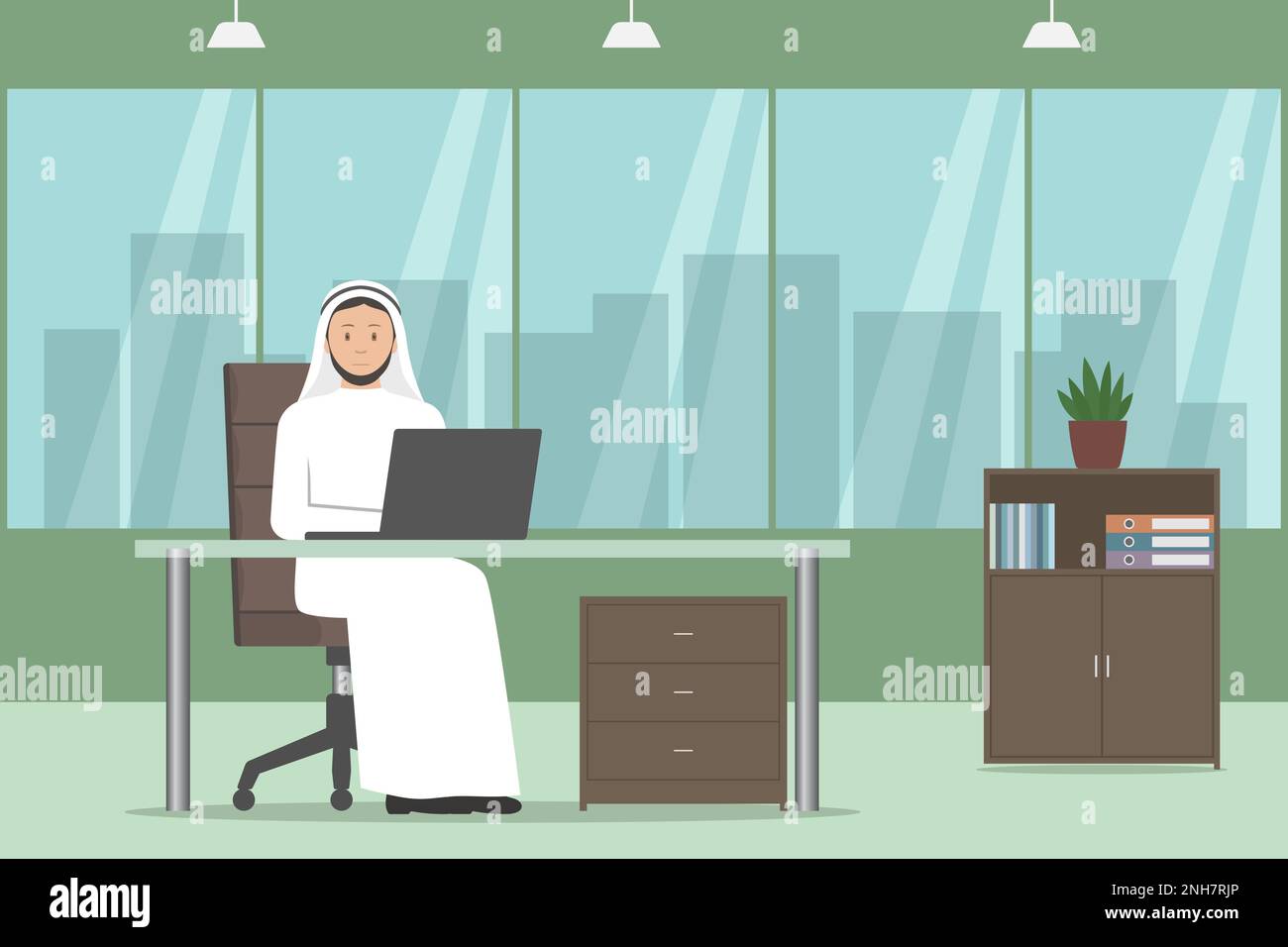 Arab chief in thawb working on laptop in his office. Vector ...