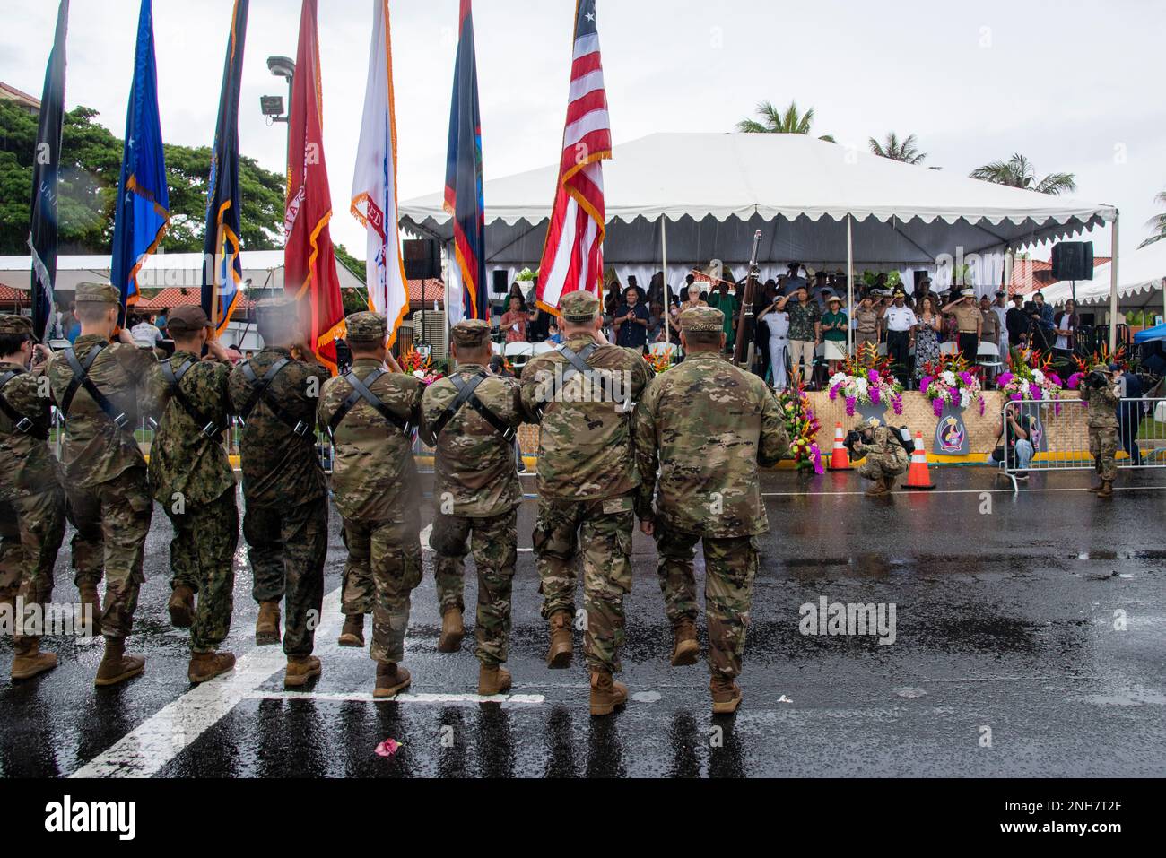 HAGÅTÑA, Guam (July 25, 2022) - A joint service color guard presents ...