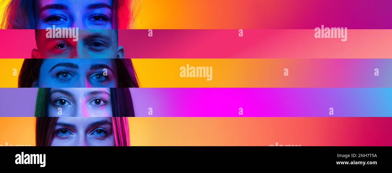 Collage. Attentive and smiling look. Male and female eyes placed on ...