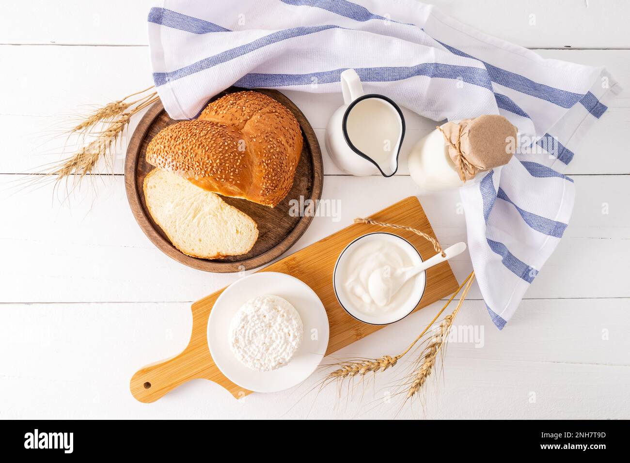 top view of the traditional products of the Jewish holiday of Shavuot ...
