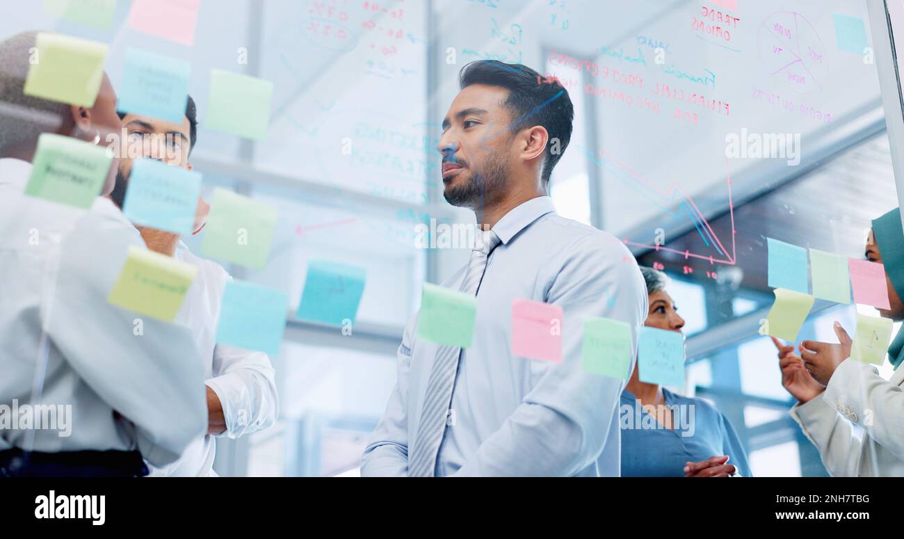 Meeting, collaboration and sticky notes with a business man training a ...