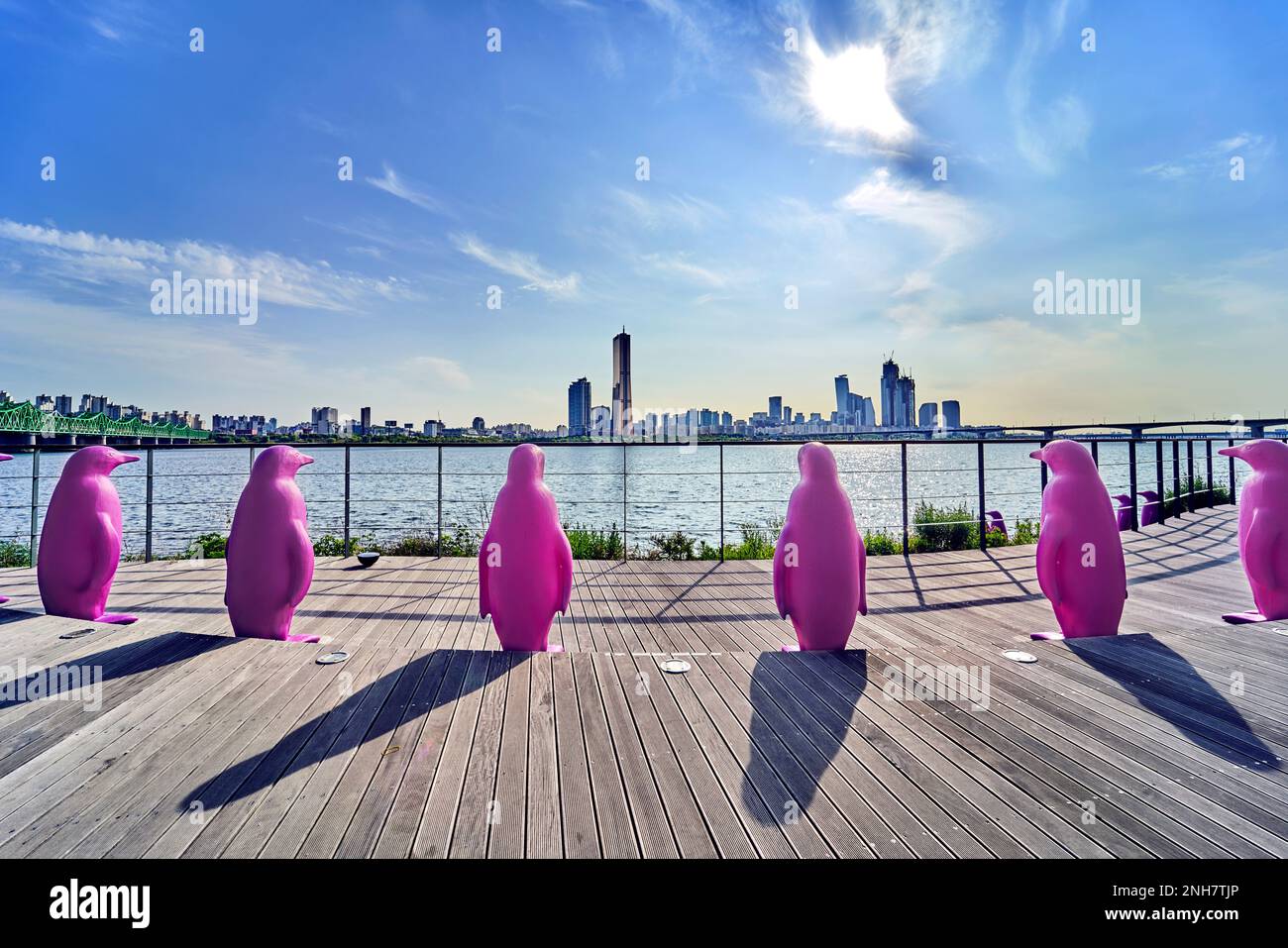 South korea seoul artwork hot pink penguin. panorama view. skyscraper ...