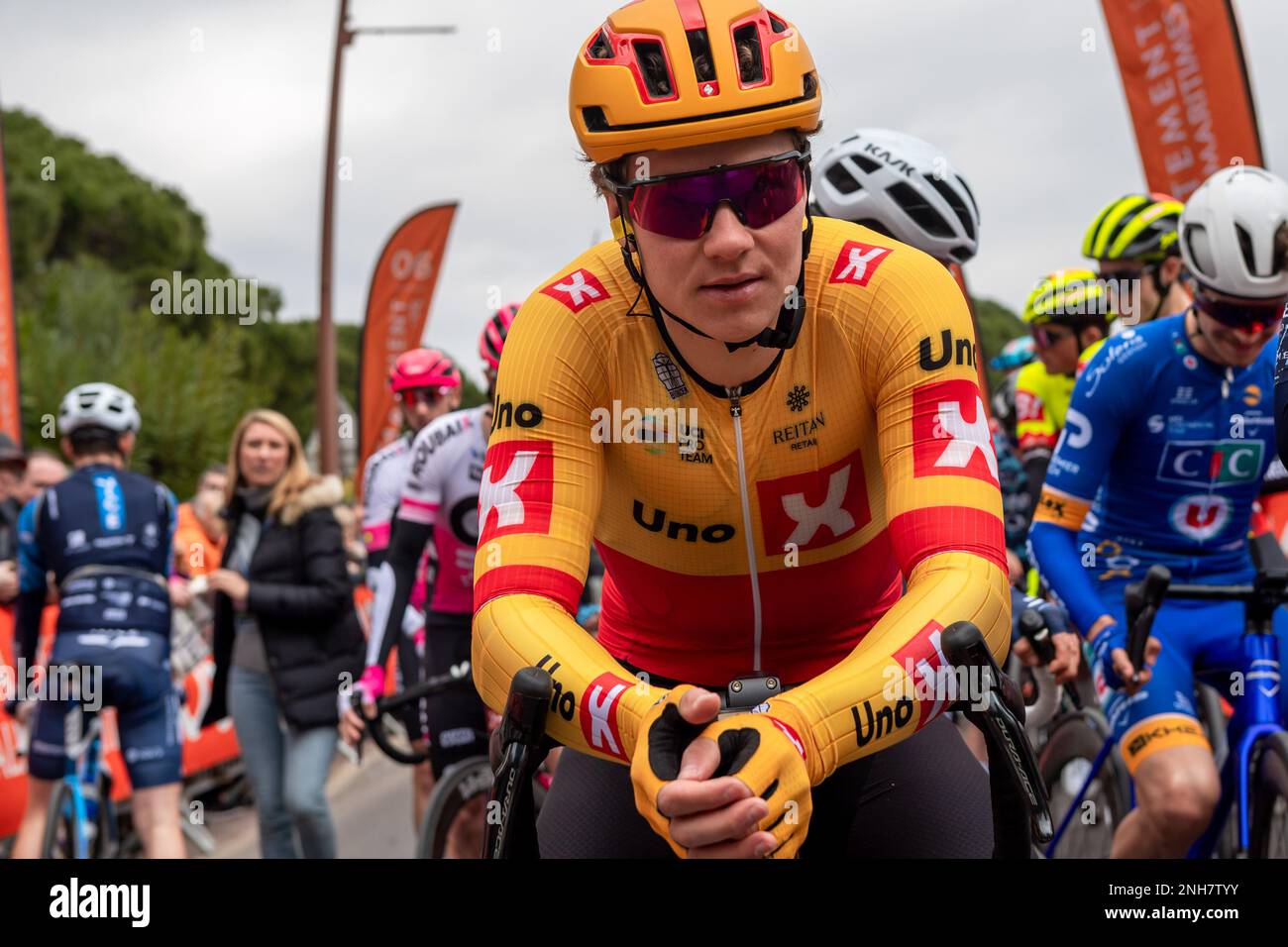 Rider Jonas Abrahamsen of Uno-X cycling Team on the departure line of ...