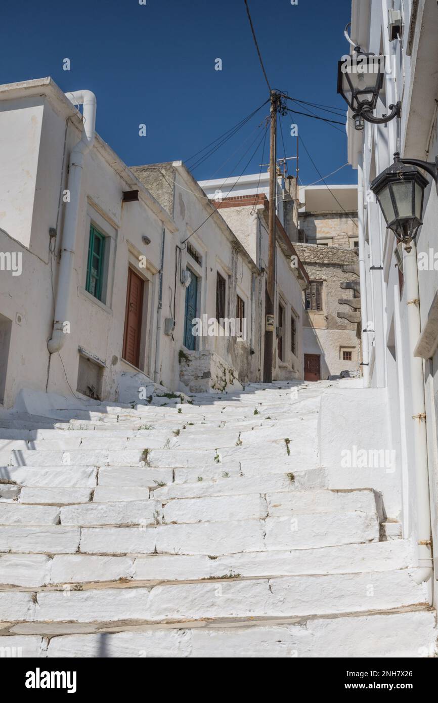 A characteristic alleyway in the mountain village of Apeiranthos, Naxos ...