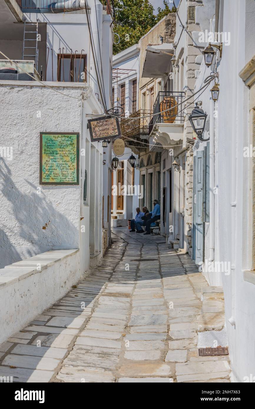 A characteristic alleyway in the mountain village of Apeiranthos, Naxos ...