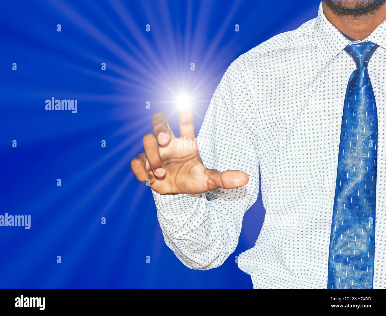 Young indian business man clicking pressing button on virtual screen ...