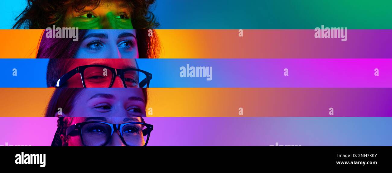 Collage. Looking away. Male and female eyes placed on narrow stripes ...