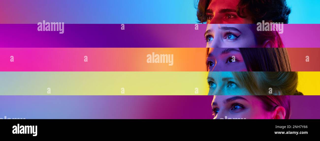 Collage. Side view. Close-up images of female and male eyes with ...